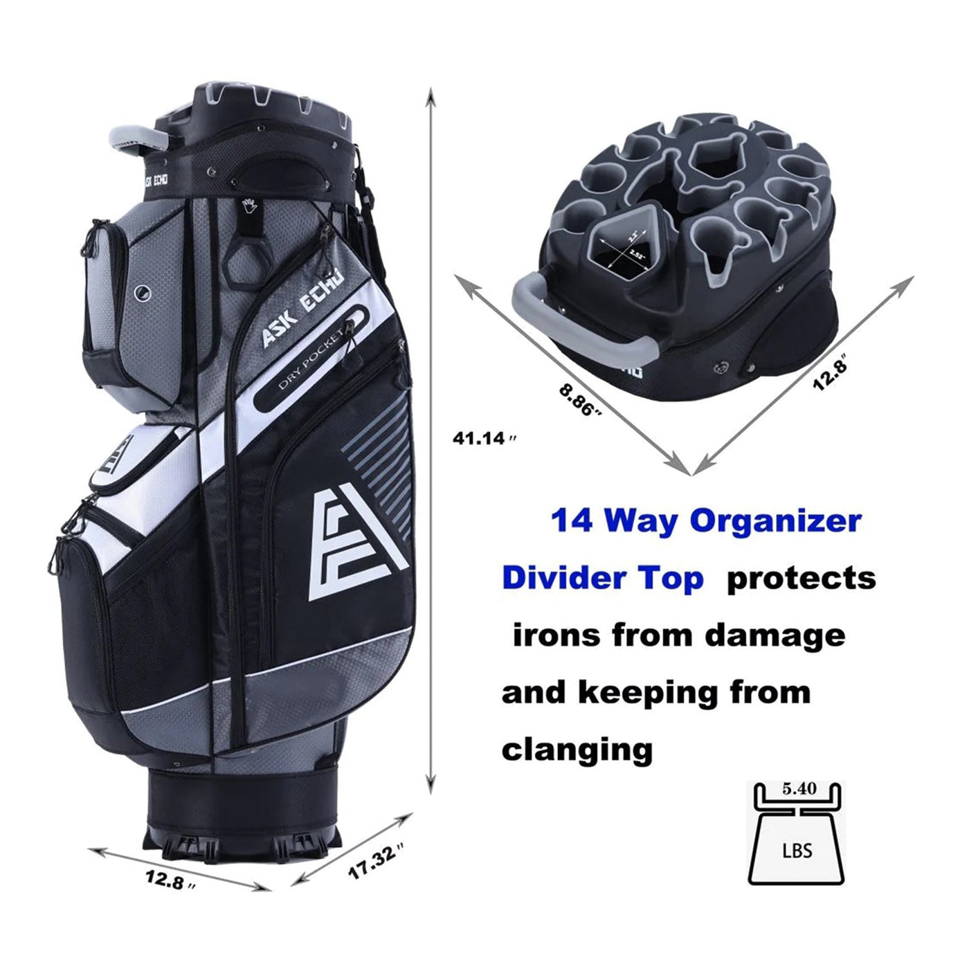 Golf Cart Bag T-LOCK 2.0 With 14 Way Organizer Divider Top / Grey | ASKECHO